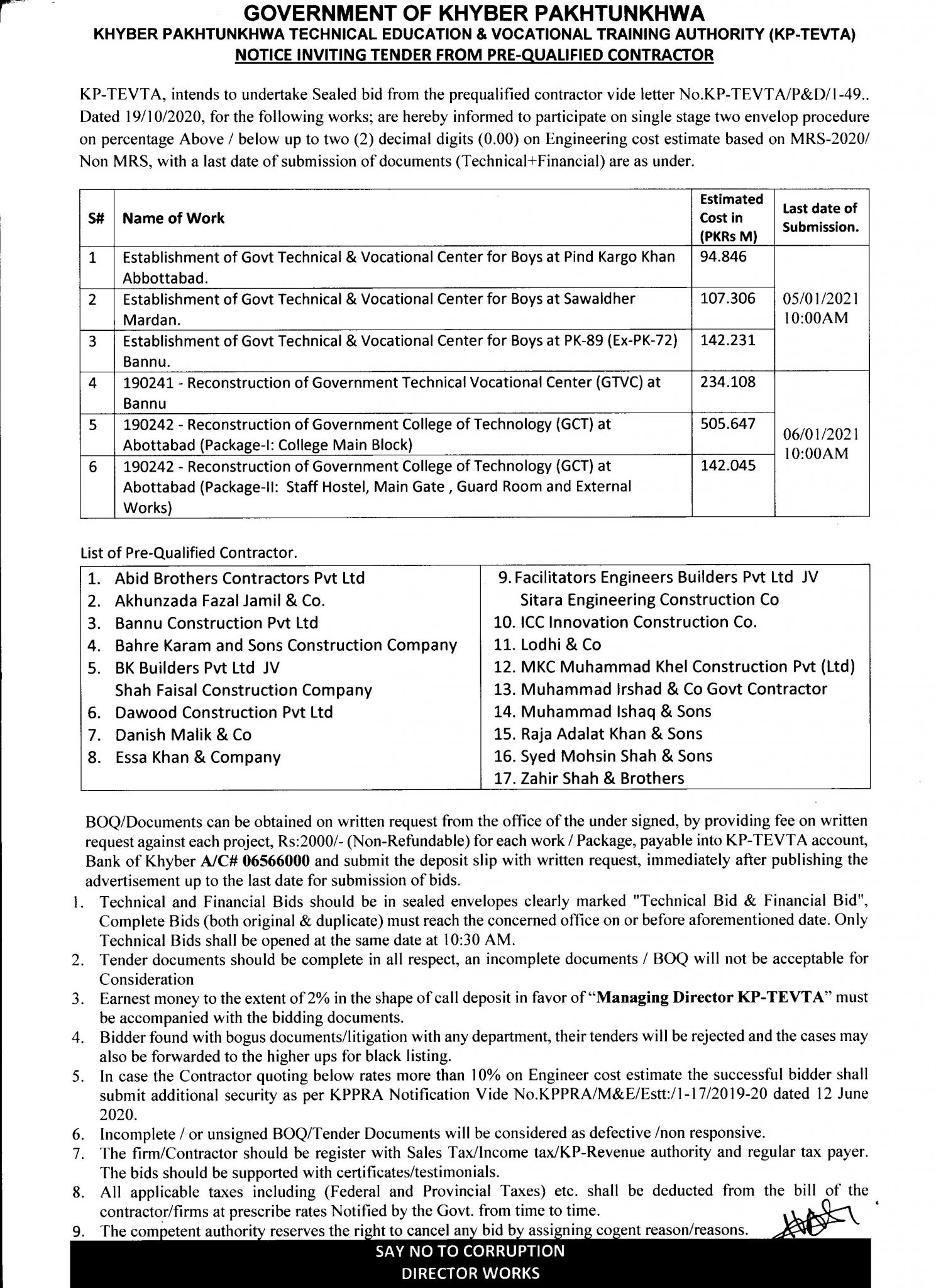 Notice Inviting Tender from Pre-Qualified Contractors – KPTEVTA