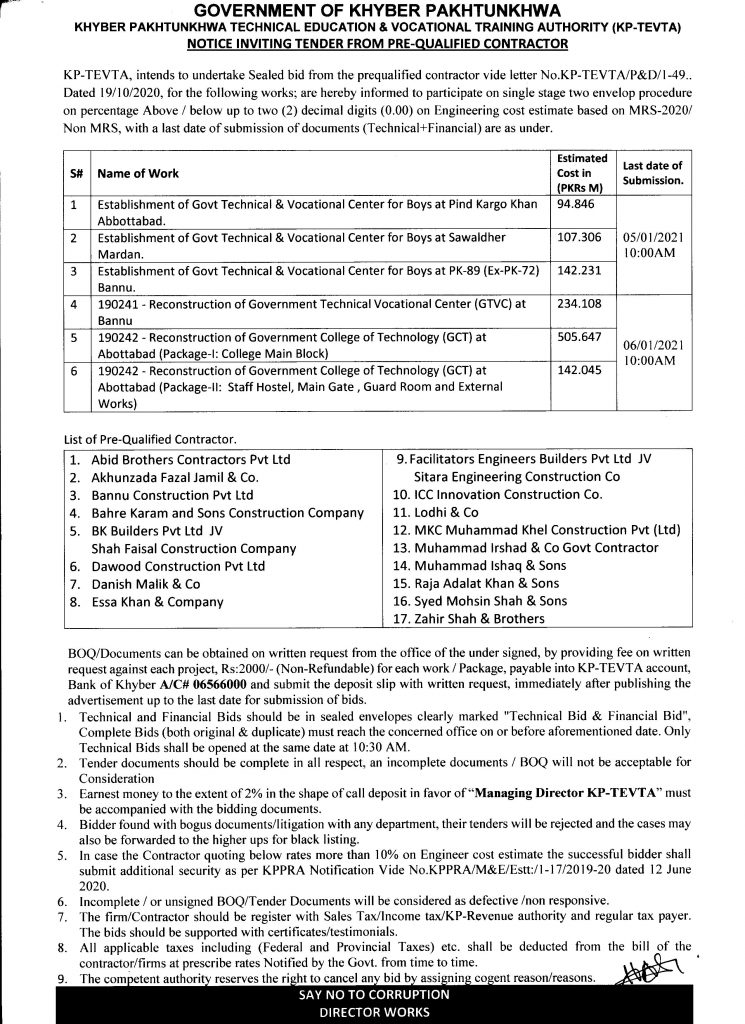 Notice Inviting Tender from Pre-Qualified Contractors – KPTEVTA