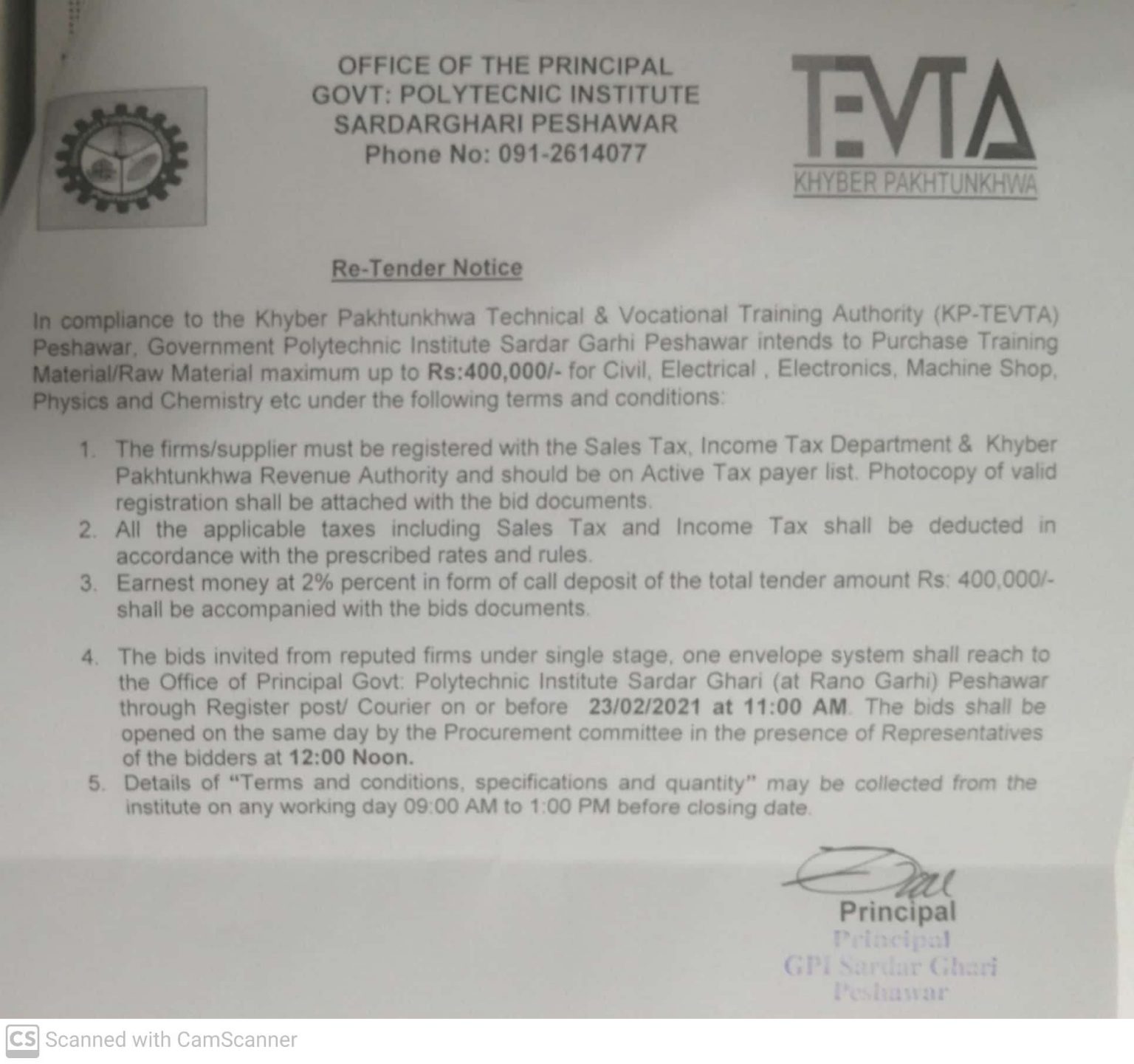 Re-Tender of Training material for Government Polytechnic Institute Sardarghari Peshawar – KPTEVTA