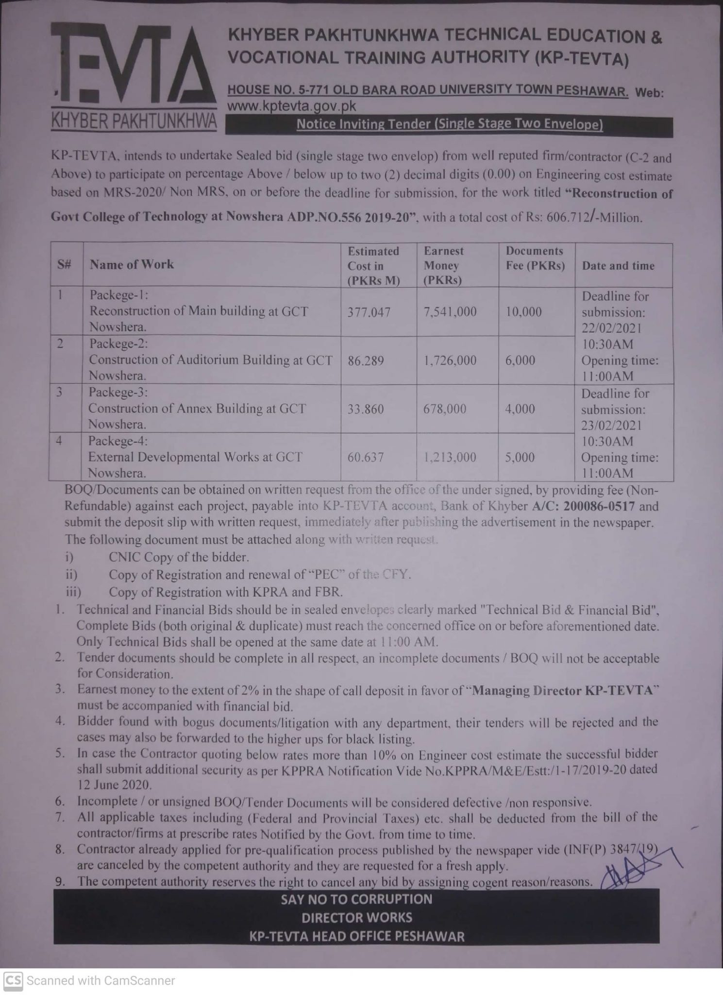 NIT – Reconstruction of Govt College of Technology at Nowshera ADP.NO.556 2019-20 – KPTEVTA