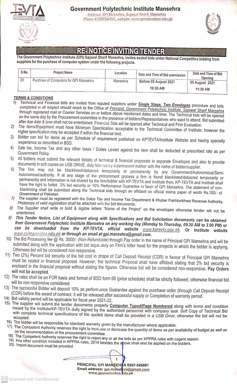 Purchase of Computers for GPI Manshera – KPTEVTA