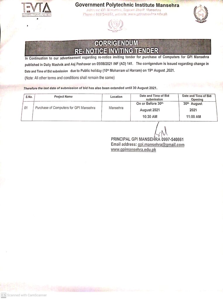 Corrigendum Re-Notice Inviting Tender for Purchase of Computers for GPI Mansehra – KPTEVTA