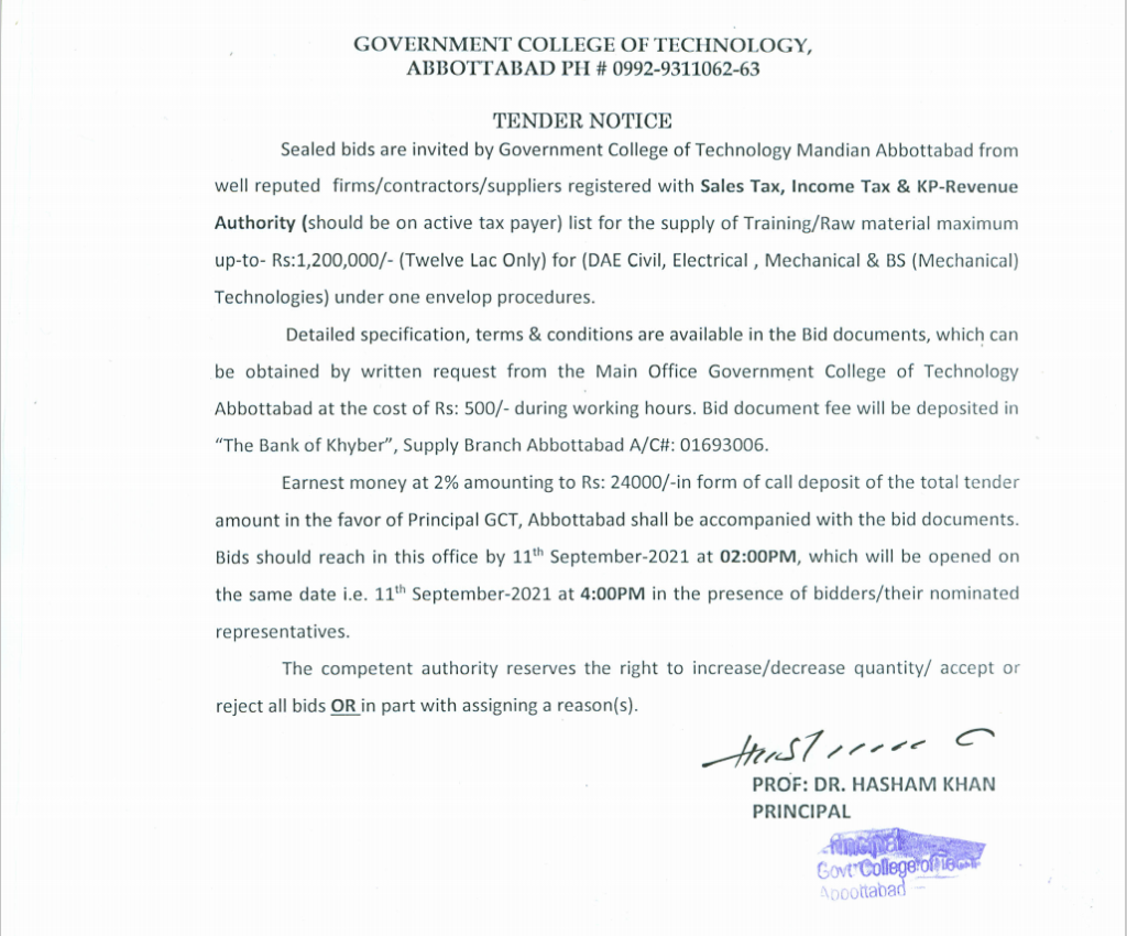 Purchase of Raw / Training Materials for Government College of Technology Abbottabad – KPTEVTA