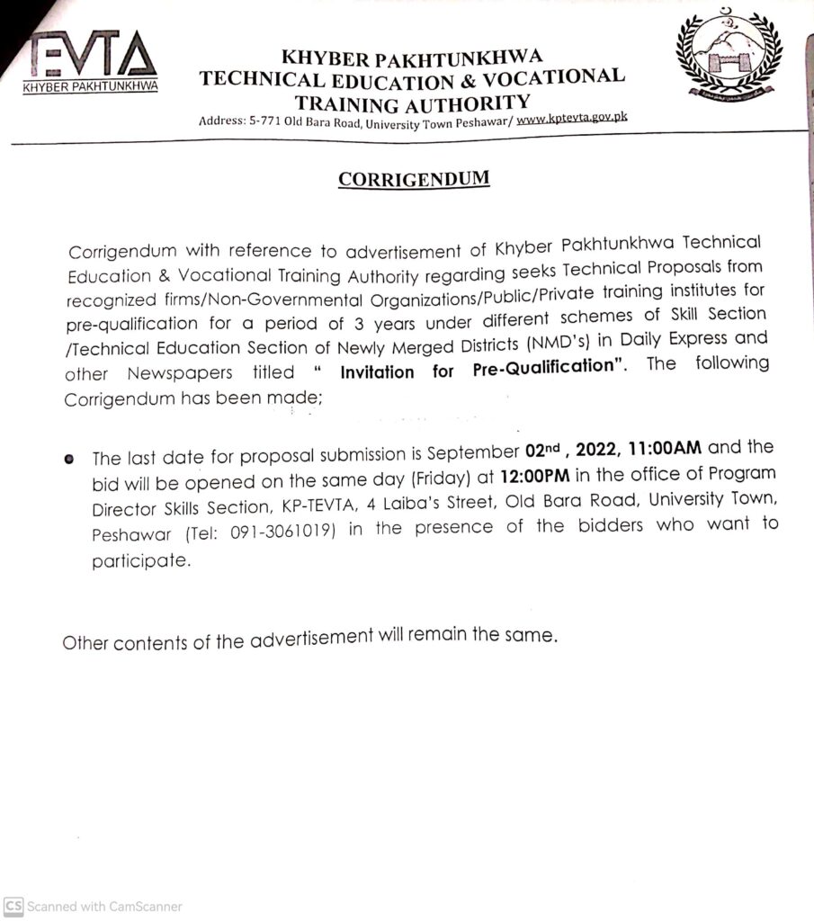 Corrigendum – Invitation for Pre Qualification – KPTEVTA