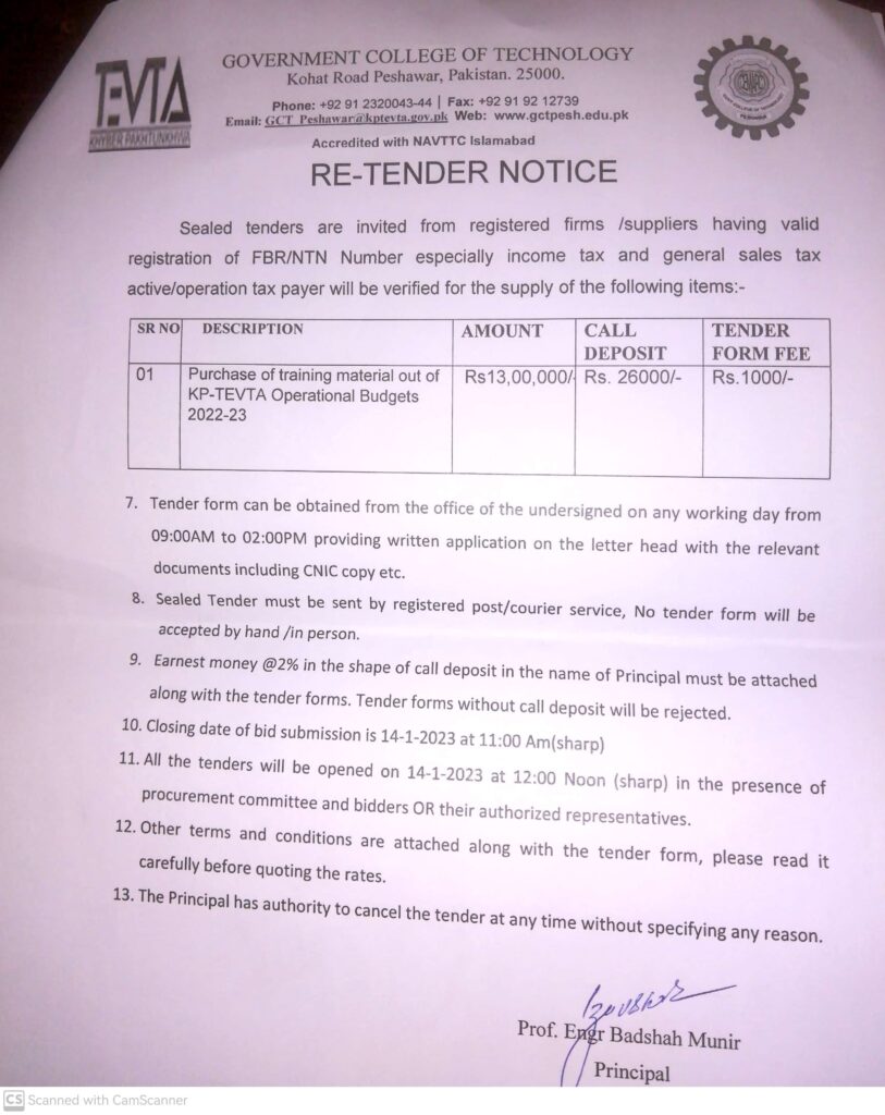 Re-tender – Purchase of Training Material for GCT Peshawar out of KP-TEVTA Operational Budgets ...