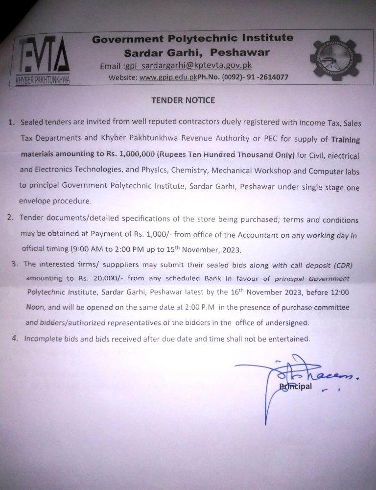 Purchase of Training Material for Government Polytechnic Institute Sardar Garhi, Peshawar – KPTEVTA